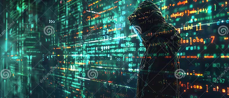 Dark Silhouette of Hacker on Abstract Digital Data Background, Green ...