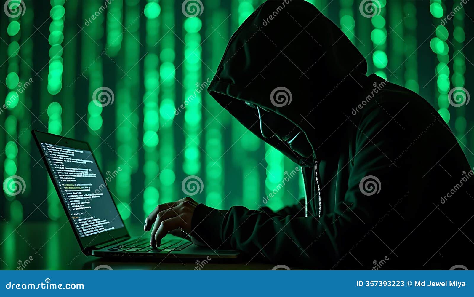 Dark Silhouette, Hooded Figure, Computer Hacker, Green Glowing Matrix ...