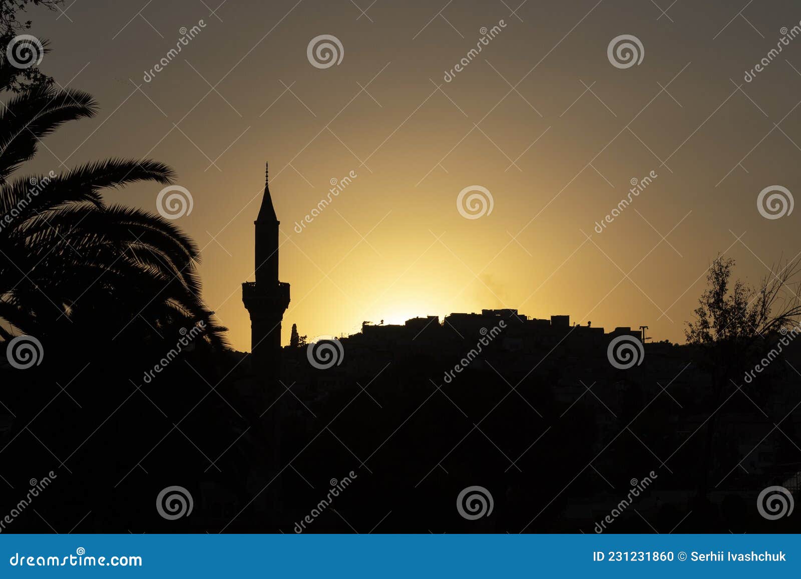 Dark Silhouette of a Mosque with a Tall Minaret at Sunset. Stock Photo - Image of pray, building ...