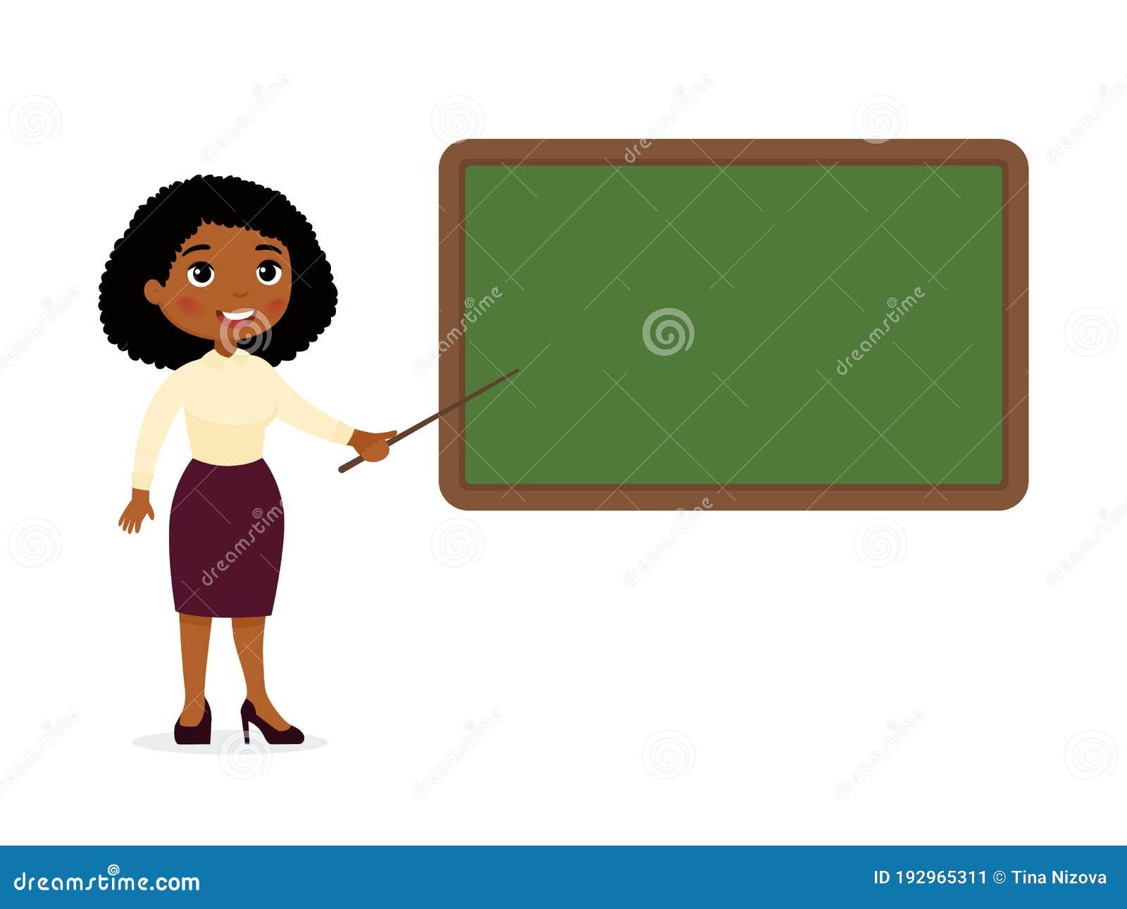 Dark Skin Female Teacher Standing Near Blackboard Flat Illustration