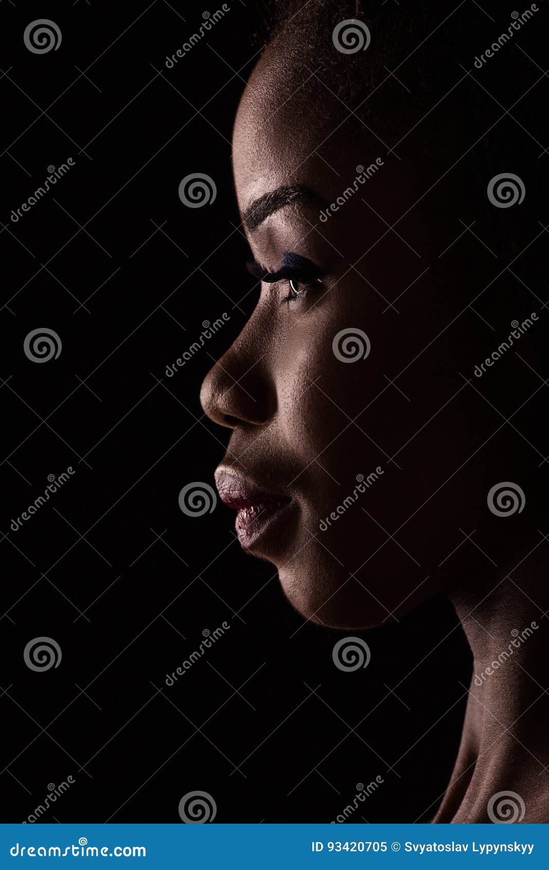 Dark Skinned Model on a Side View Portrait. Stock Image - Image of head ...
