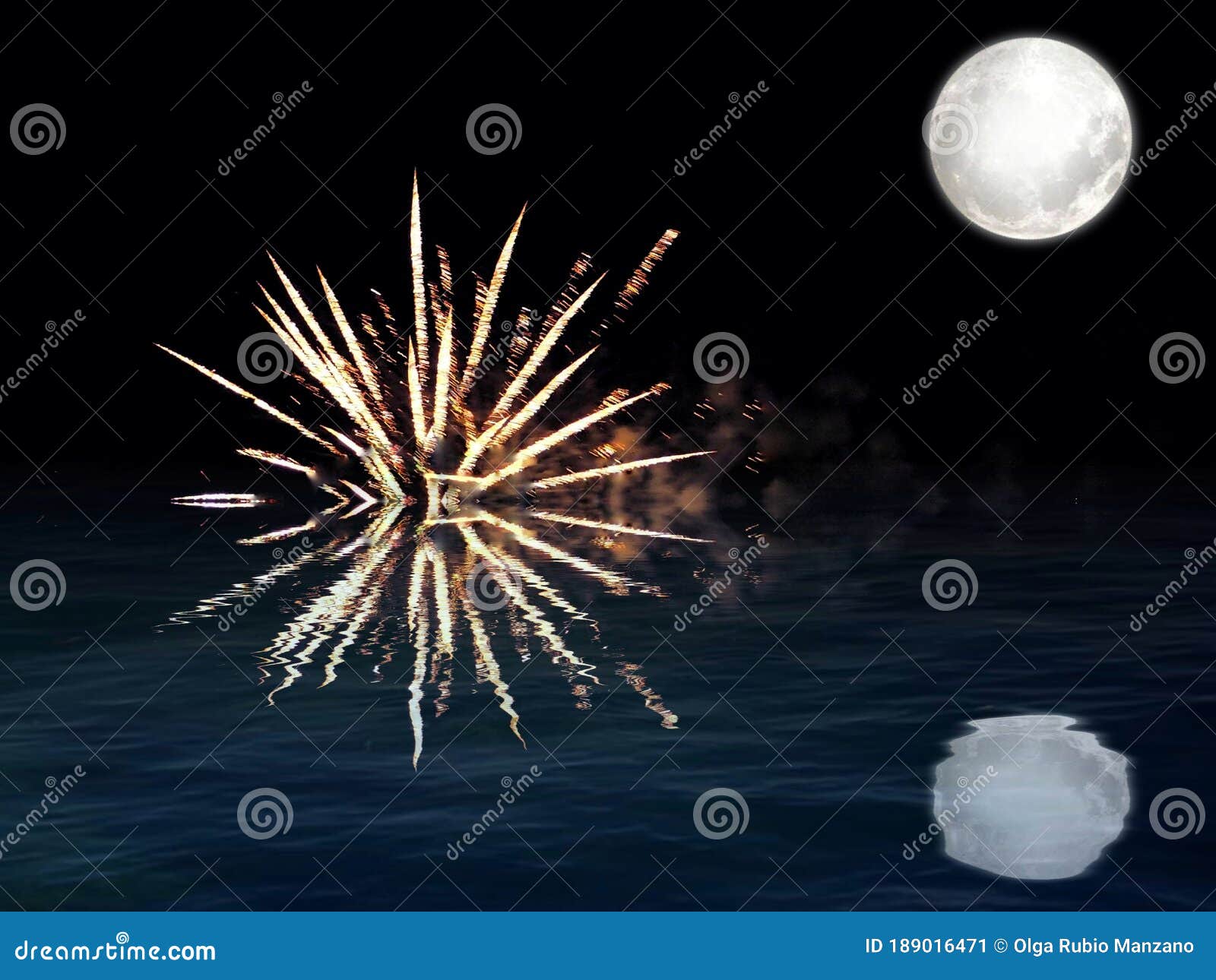Dark Sky with Full Moon and Fireworks in Sea Reflection Stock Image ...
