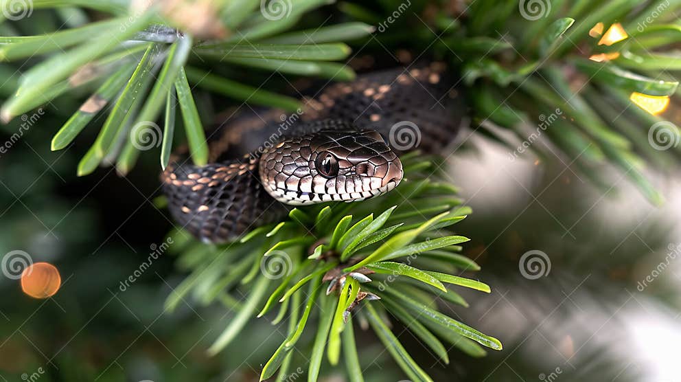 Close-up of a Dark Snake on a Pine Tree Branch Stock Illustration ...