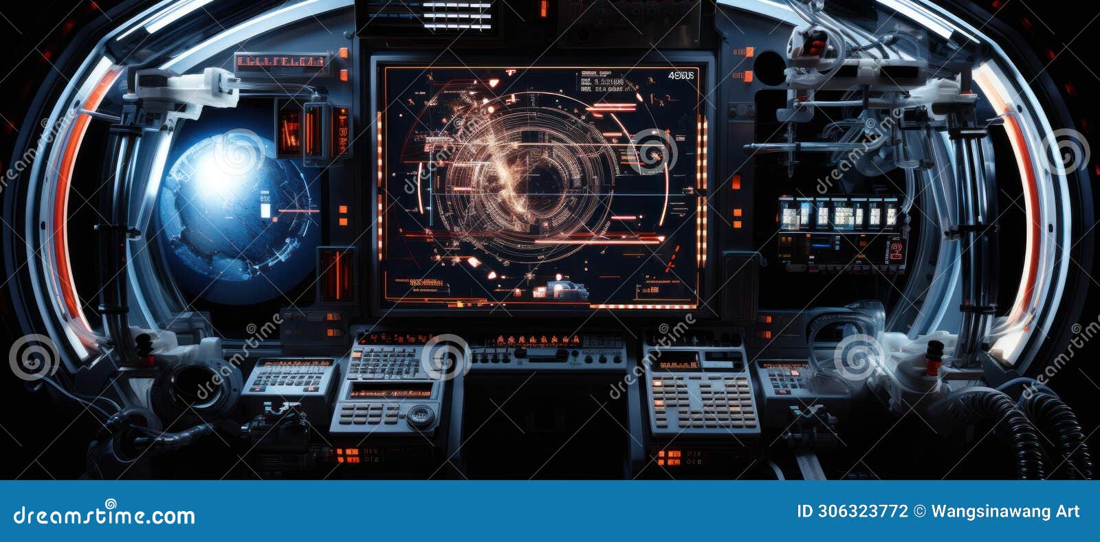 Dark Spaceship Interior with Glowing HUD Interface Stock Illustration ...