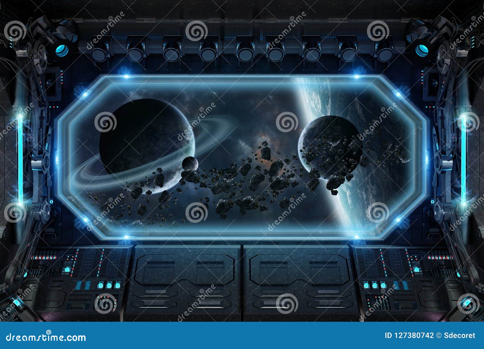 Dark Spaceship Interior With Large Window View 3D Rendering Royalty ...