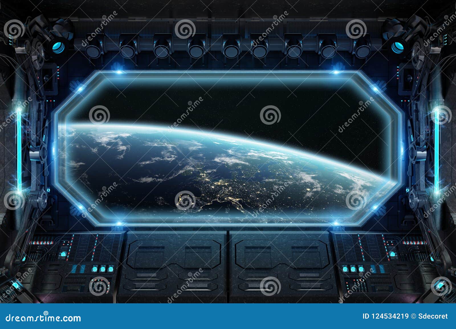 Dark Spaceship Interior with Large Window View 3D Rendering Stock ...