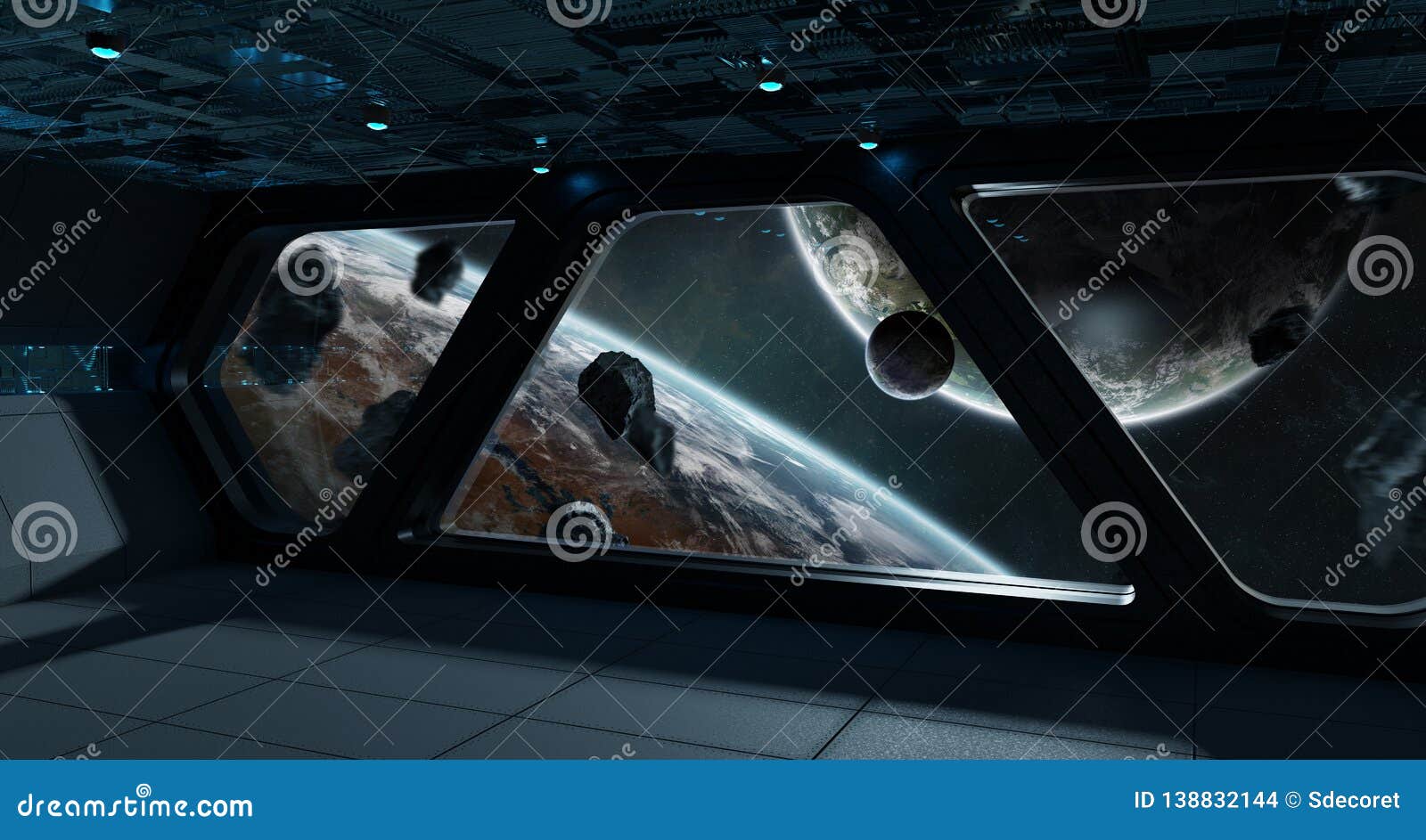 Dark Spaceship Interior With Large Window View 3D Rendering Royalty ...