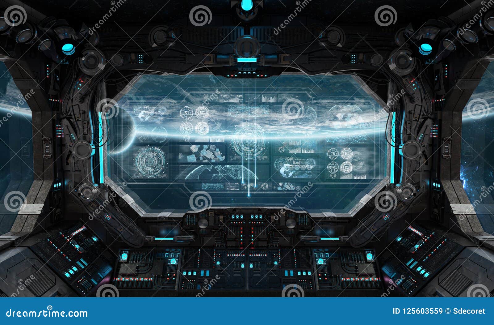 Dark Spaceship Interior with Control Panel Digital Screens 3D Re Stock ...
