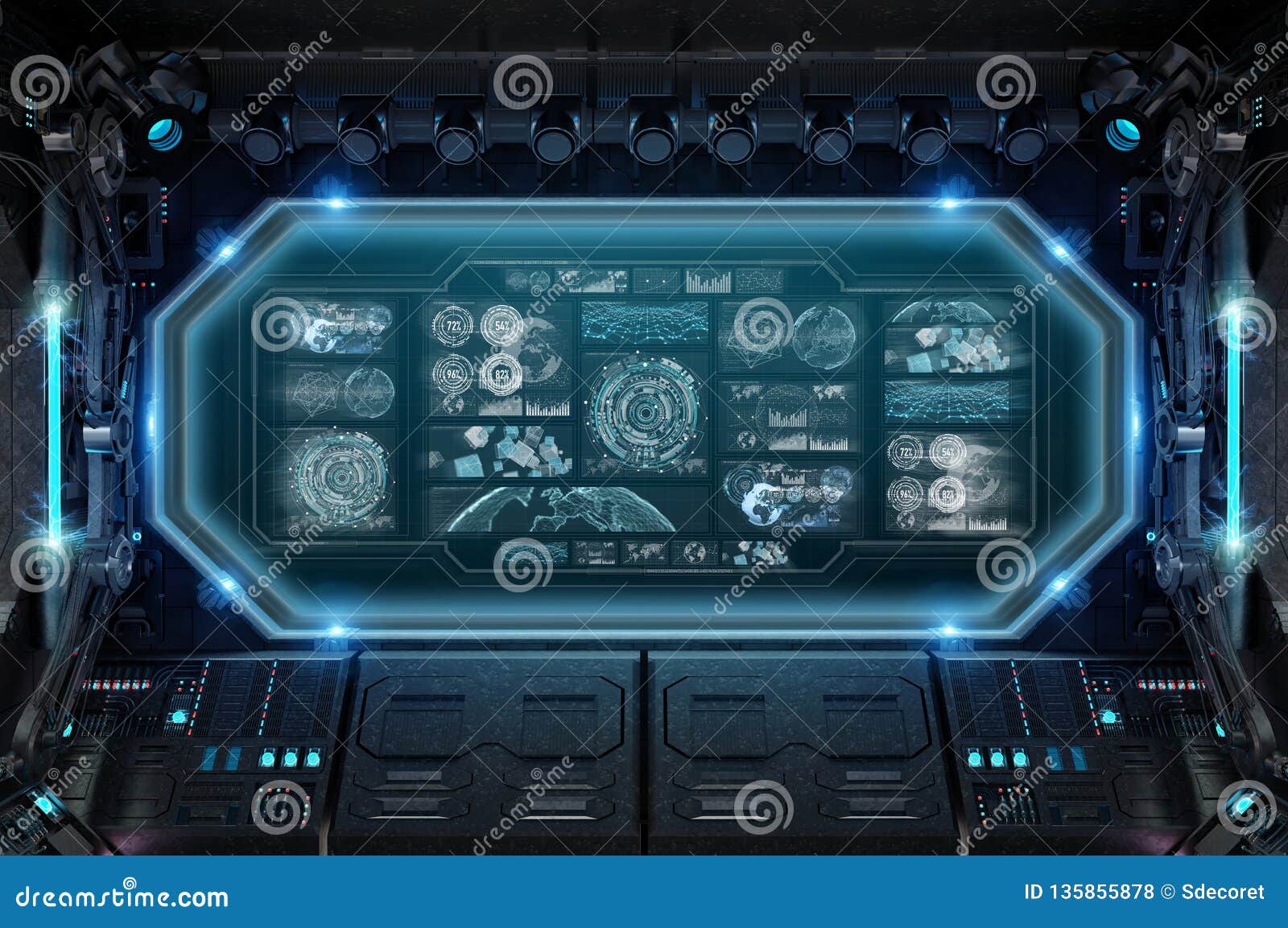 Dark Spaceship Interior with Control Panel Digital Screens 3D Rendering ...
