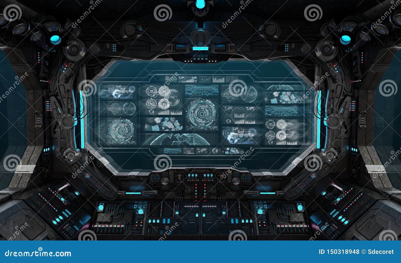 Dark Spaceship Interior with Control Panel Digital Screens 3D Rendering ...