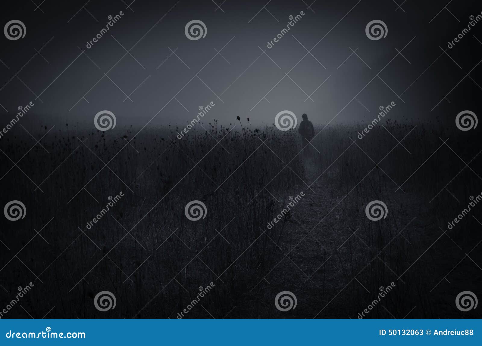 Dark Spooky Landscape with Lonely Man Walking on Field Stock Image ...
