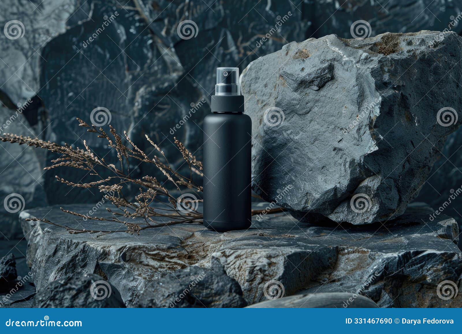 Dark Spray Bottle on Rugged Rocks with Mystical Smoke and Lighting in a ...