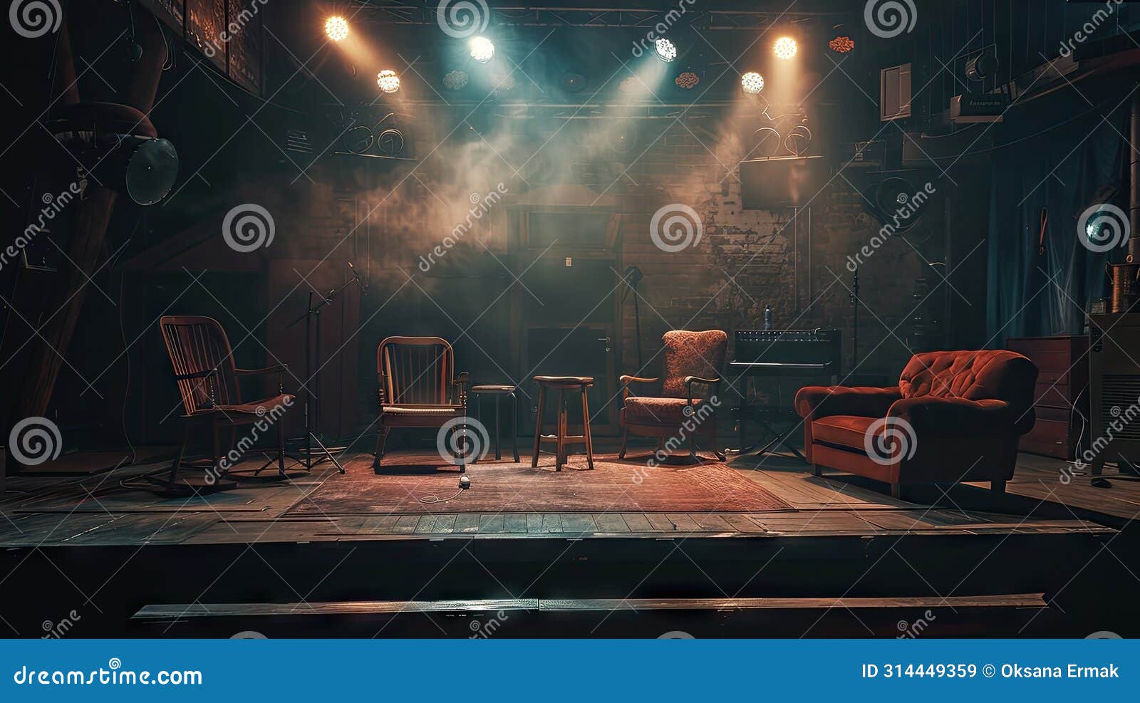 Dark Stage with Shining Spotlights and Different Chairs, Theater ...