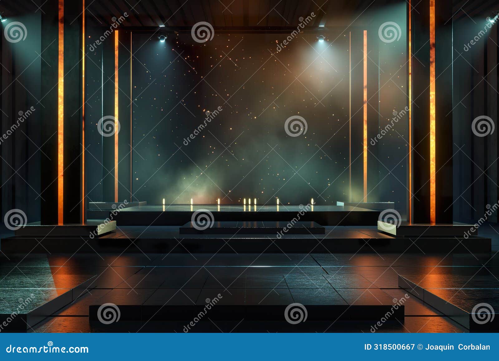 Dark Stage with Spotlights Illuminating Grand Pillars and a Podium ...