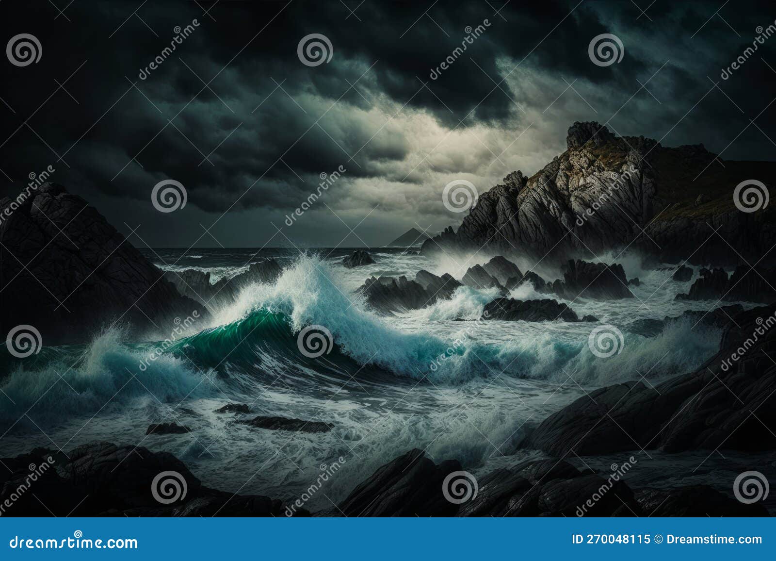 Dark Stormy Scene with Waves Crashing on Rocks. Generative AI Stock ...