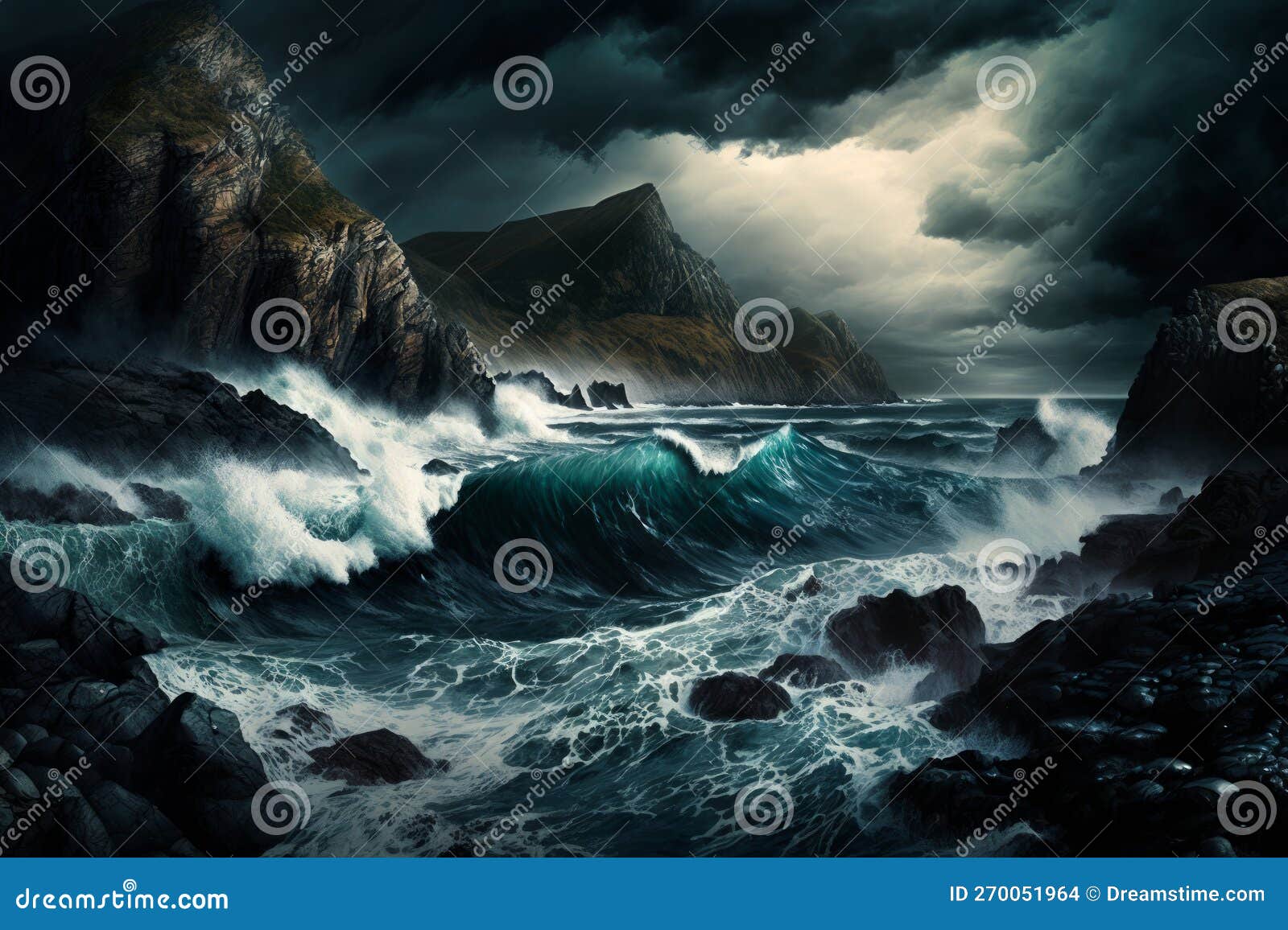 Dark Stormy Scene with Waves Crashing on Rocks. Generative AI Stock ...