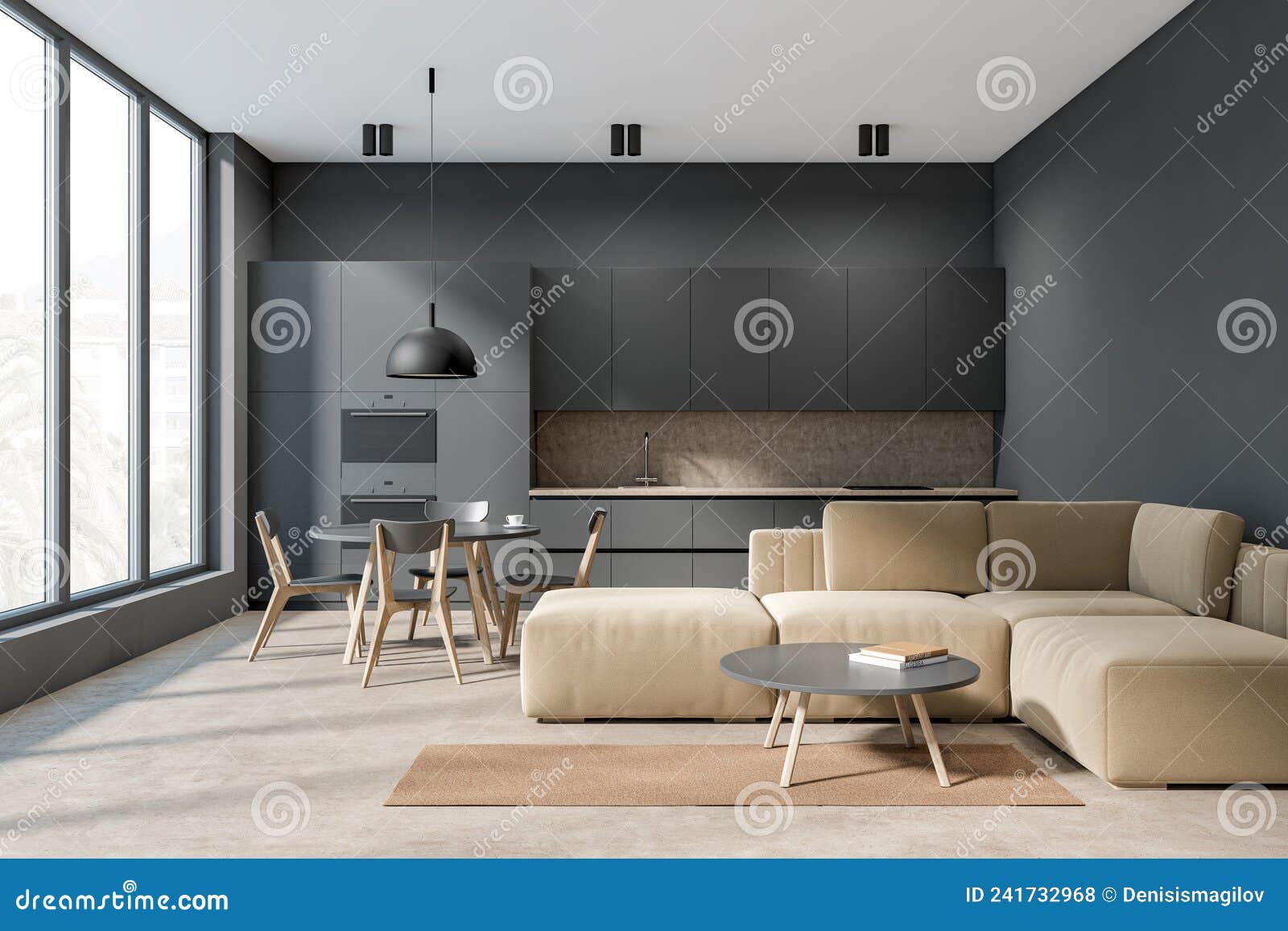 Dark Studio Room Interior with Panoramic Window, Sofa, Couch Stock ...