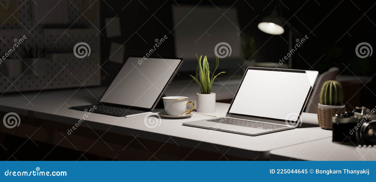 Dark Style Office, Work Late, Work Space at Night with Two Blank Screen ...