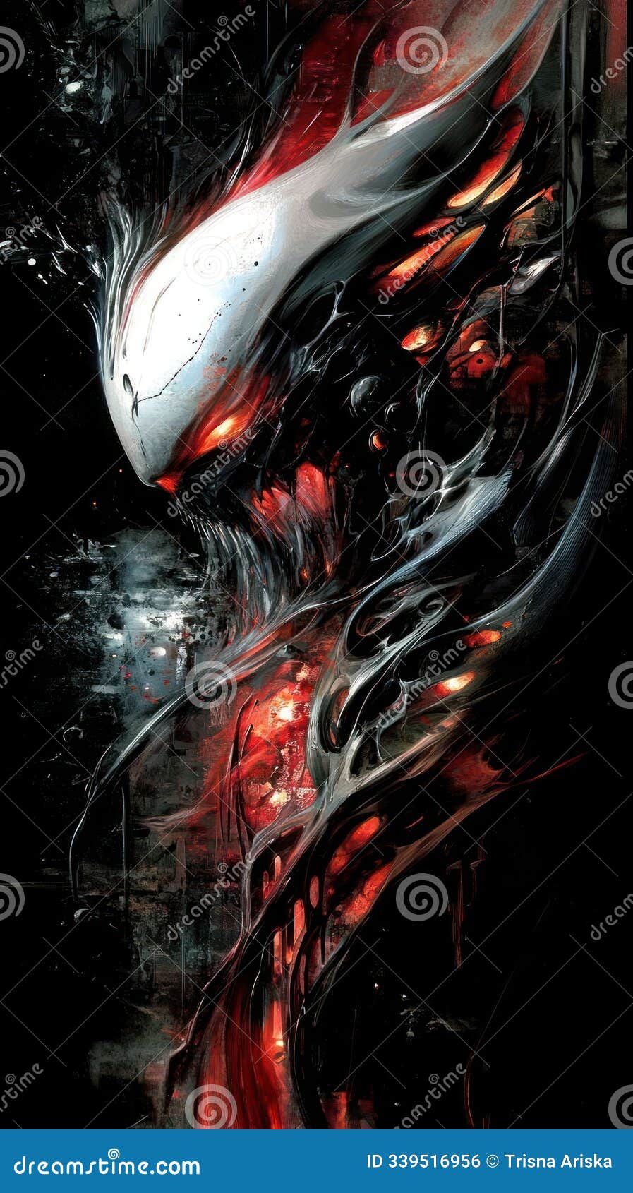 A Dark, Stylized Creature with Glowing Eyes and Intricate Textures ...