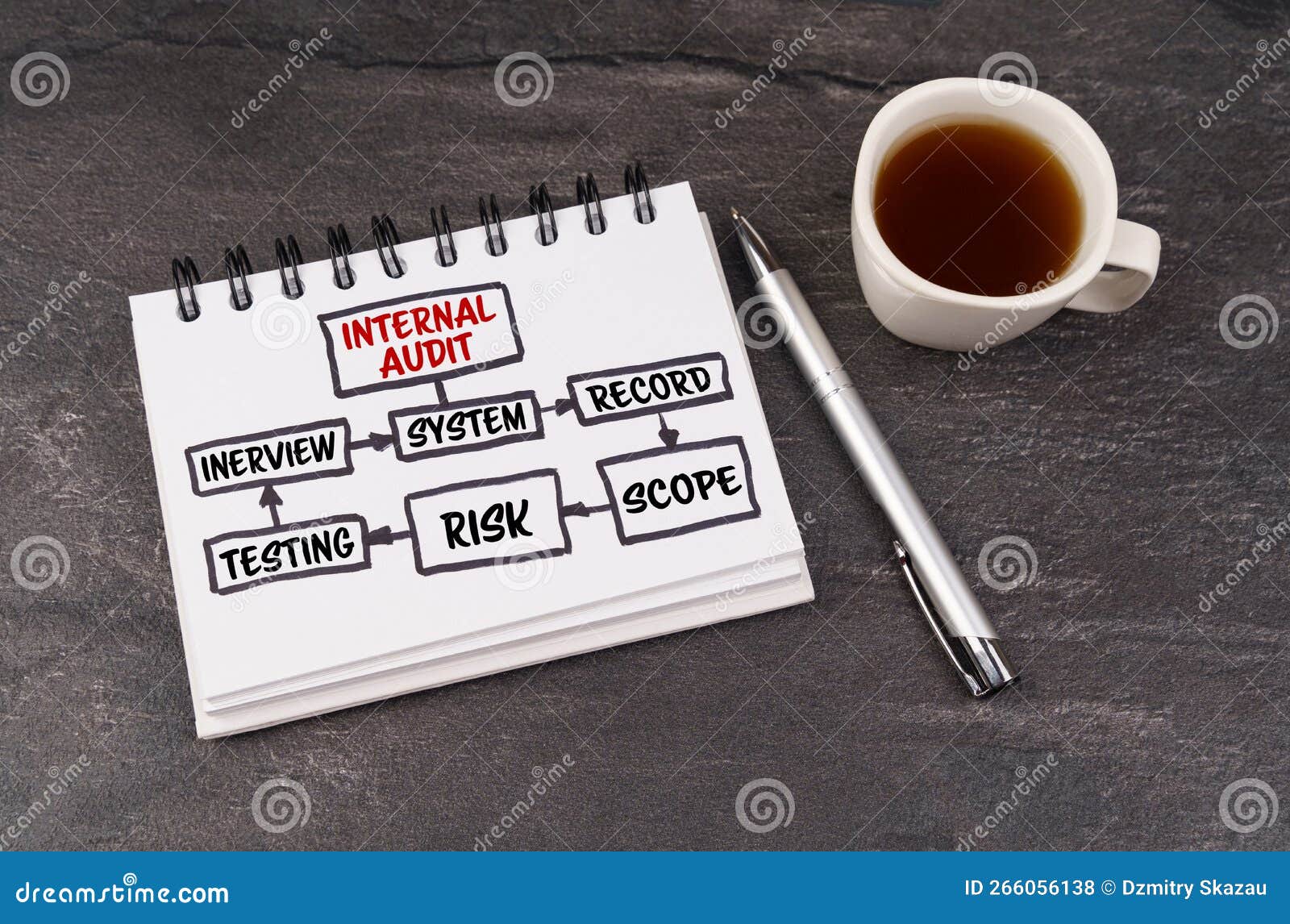 On a Dark Surface, a Cup of Coffee, a Pen and a Notepad with the ...