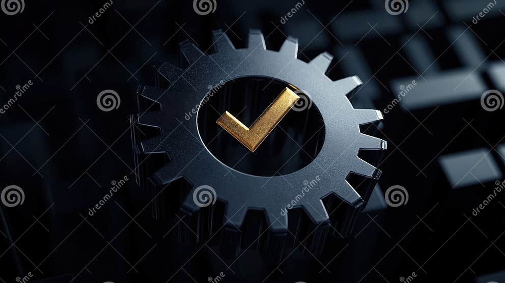 Dark Tech Gear Symbol with Golden Checkmark. System Optimization ...