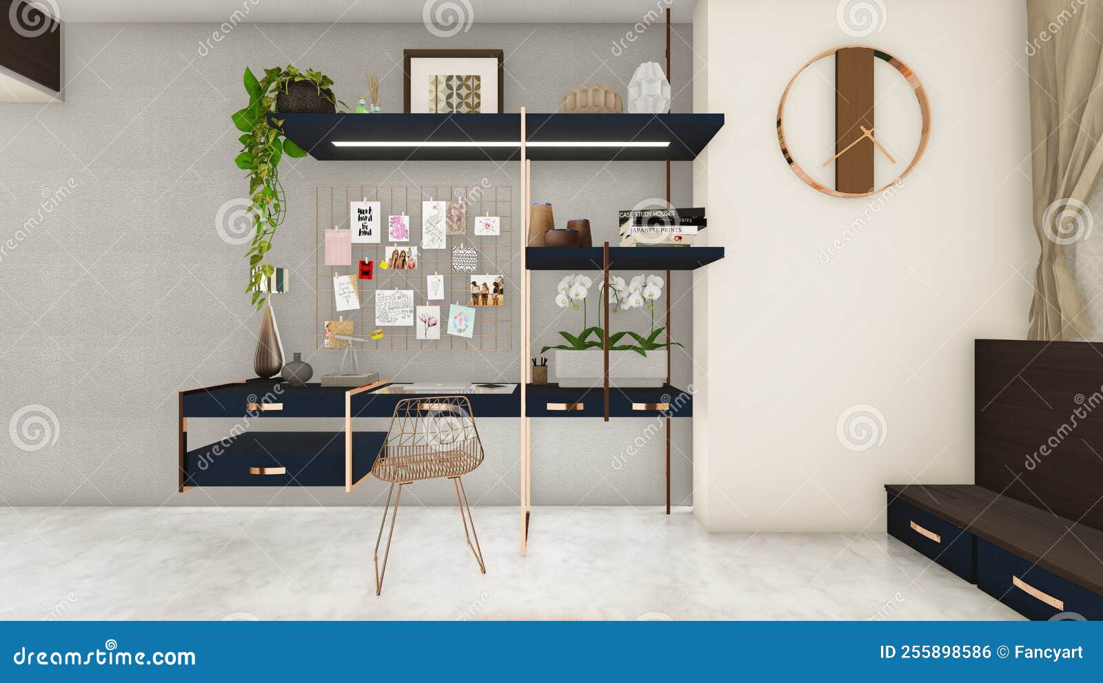 Dark Theme Cozy Bedroom Interior with Close Up of the Study Table and ...