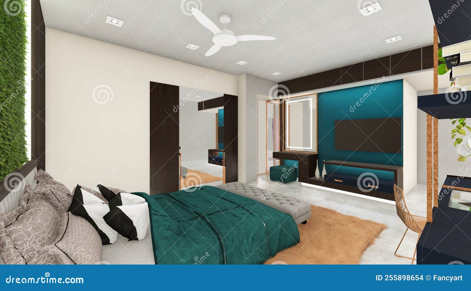 Dark Theme Cozy Bedroom Interior with Dressing Table in Teal Green 3D ...