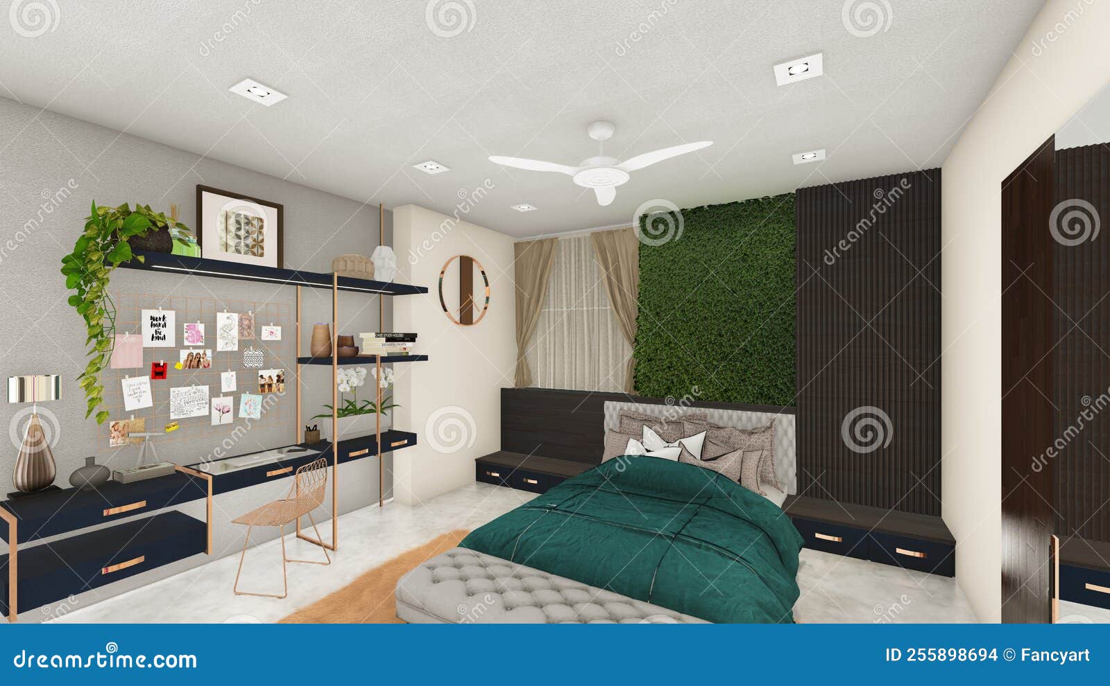 Dark Theme Cozy Bedroom Interior with Study Table and Foliage 3D ...