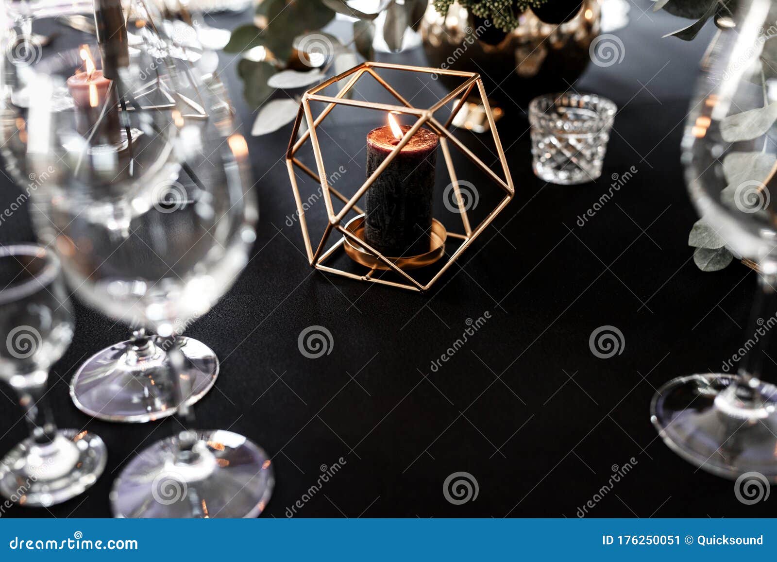 Dark Theme Dinning Table Decor Stock Image - Image of decor, candles ...