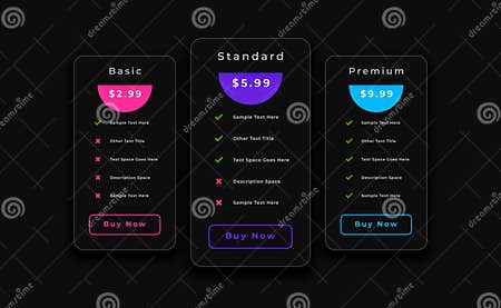 Dark Theme Pricing Chart Table Template with Three Option Plan Stock Vector - Illustration of ...