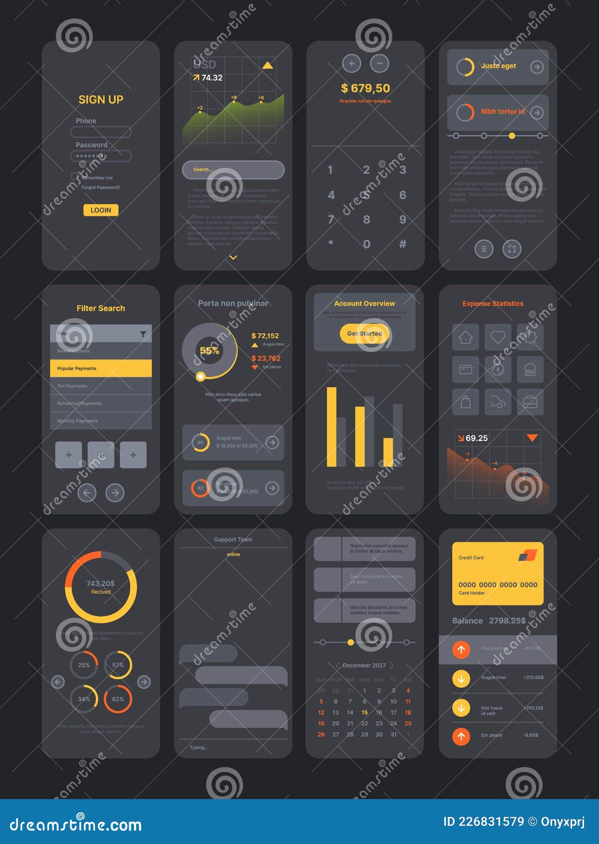 Dark Theme Ui Kit. Digital Modern Interface App Pages Templates With ... Dark Theme Ui Kit. Digital Modern Interface App Pages Templates With ...