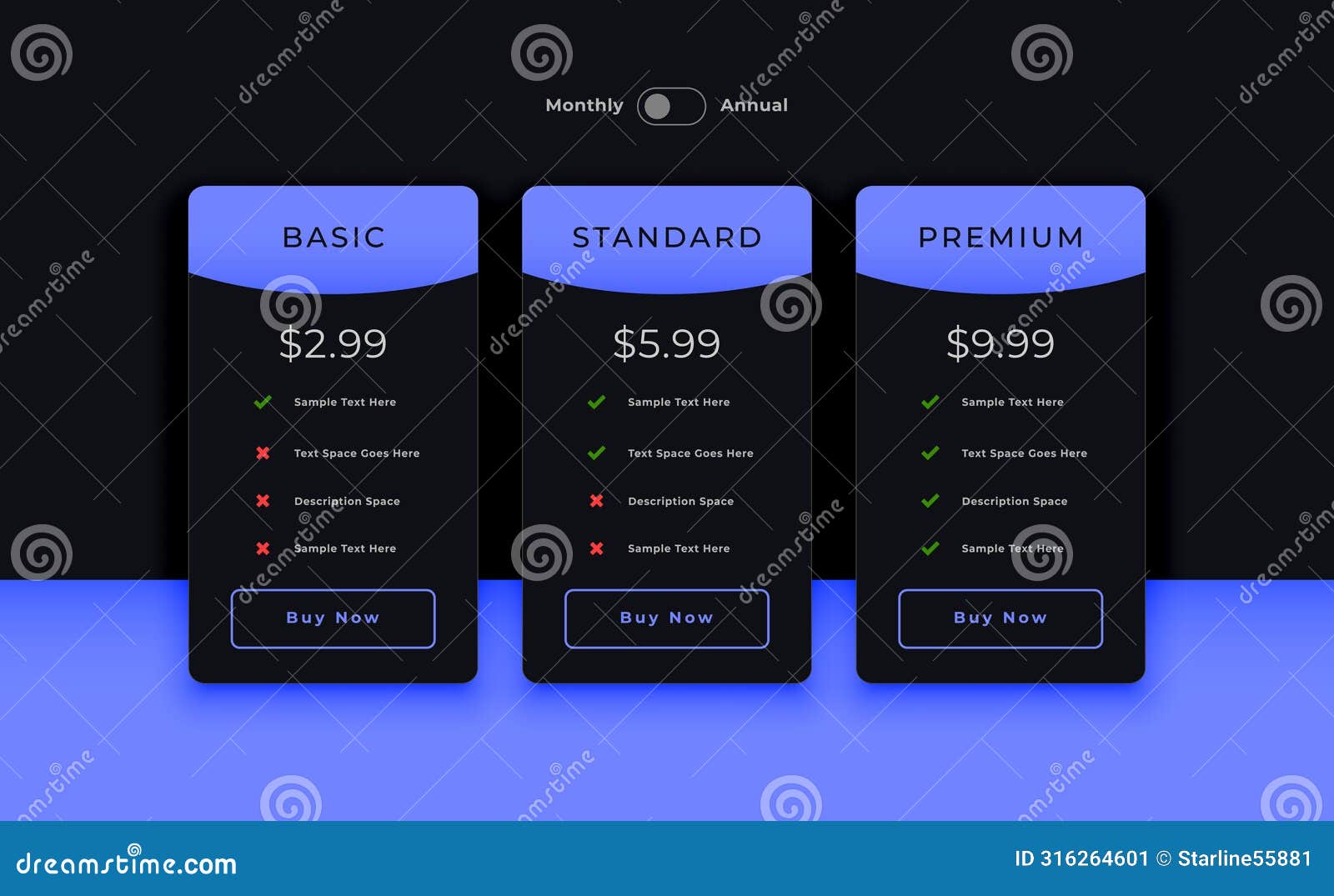 Dark Theme Web Subscription Pricing Chart Layout Design Stock Vector - Illustration of option ...