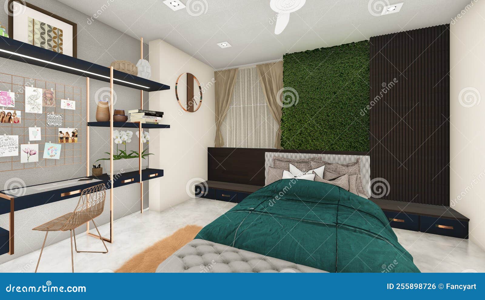 Dark Themed Cozy Bedroom Interior with Vision Board and Study Table 3D ...