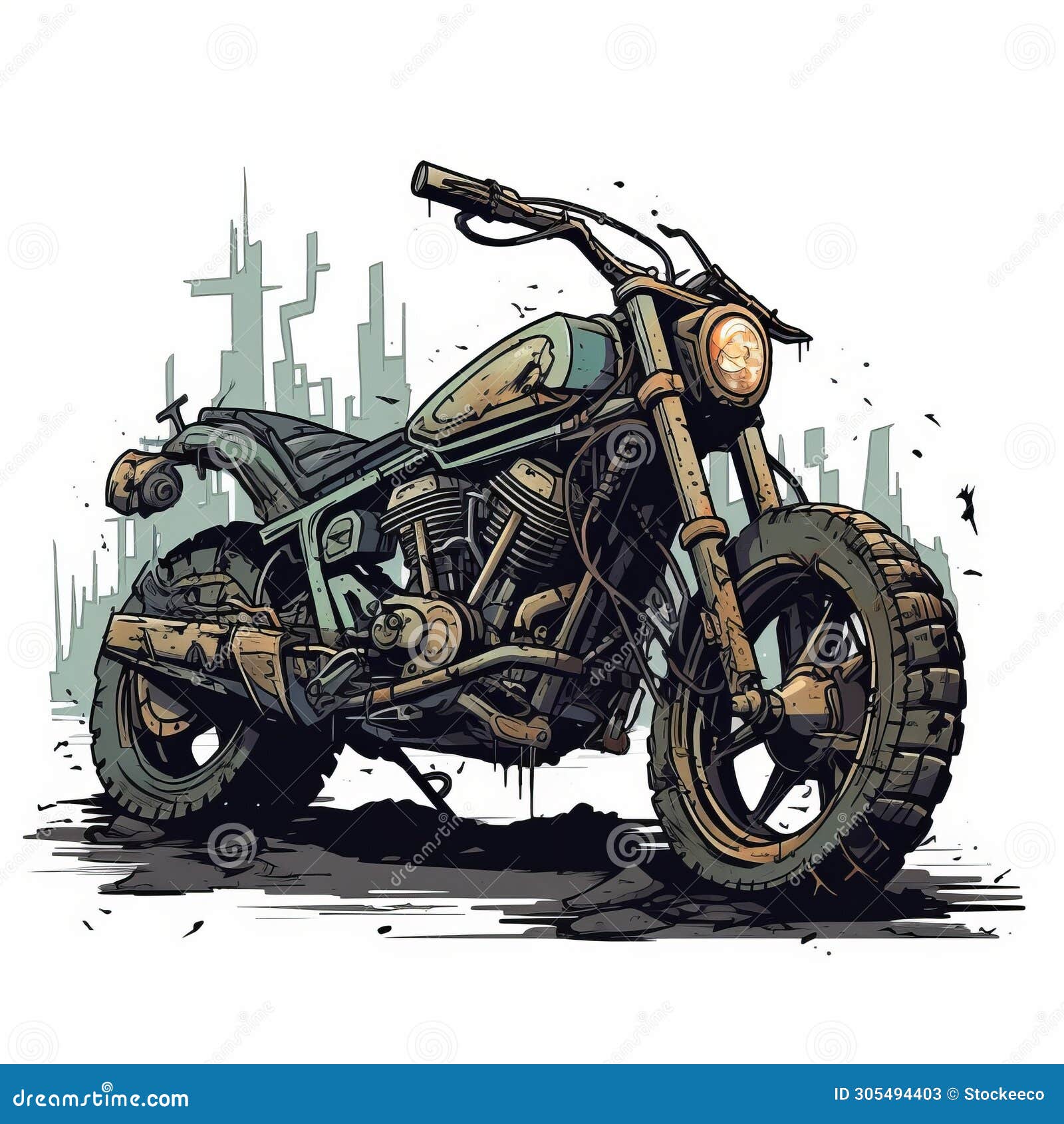 Apocalyptic Motorcycle Illustration on City Background Stock ...