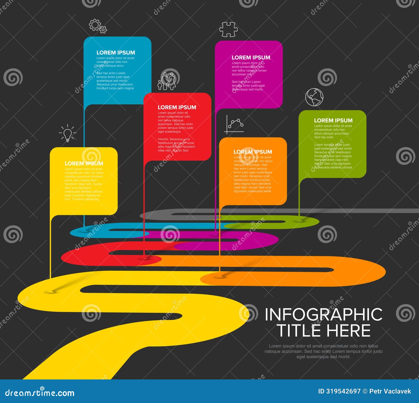 Dark Timeline with Six Square Pointers on a Curved Road Template Stock ...