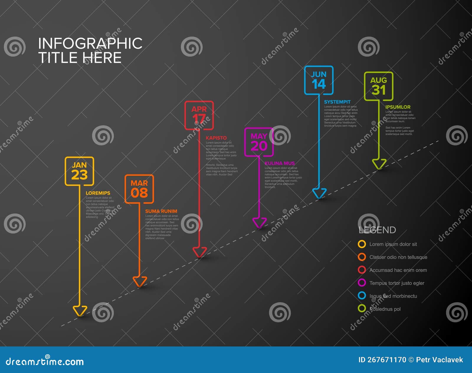 Dark Timeline With Six Triangle Pyramid Arrows Pointers On A Vertical ...