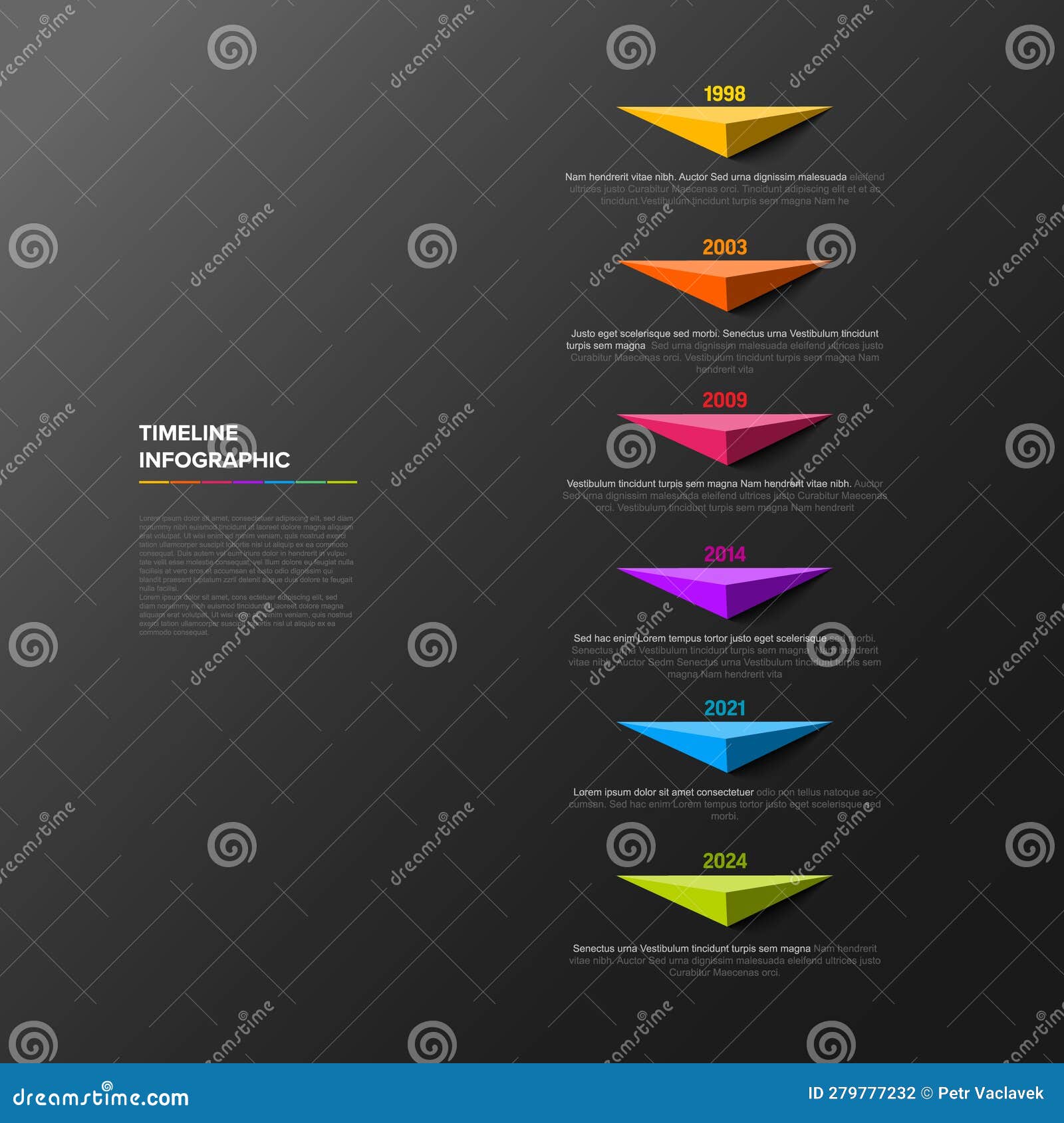 Dark Timeline with Six Triangle Pyramid Arrows Pointers on a Vertical ...