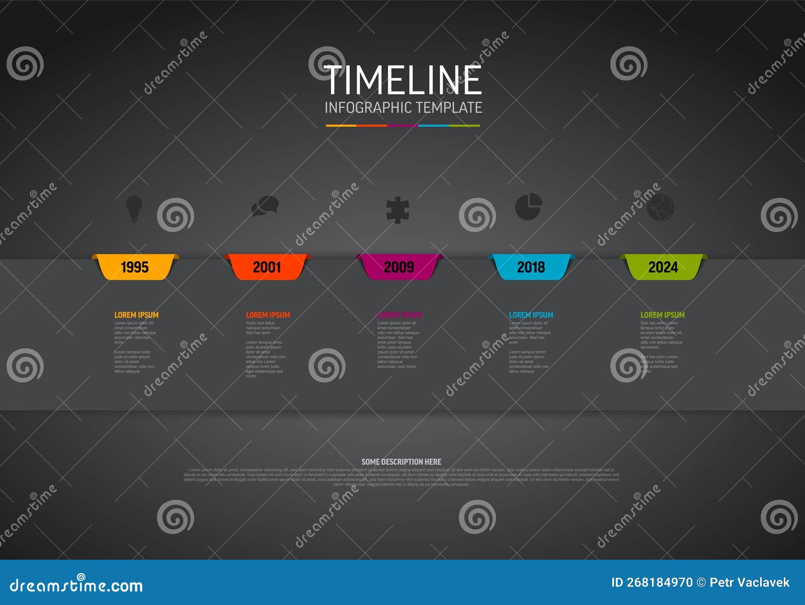 Dark Timeline With Six Triangle Pyramid Arrows Pointers On A Vertical ...