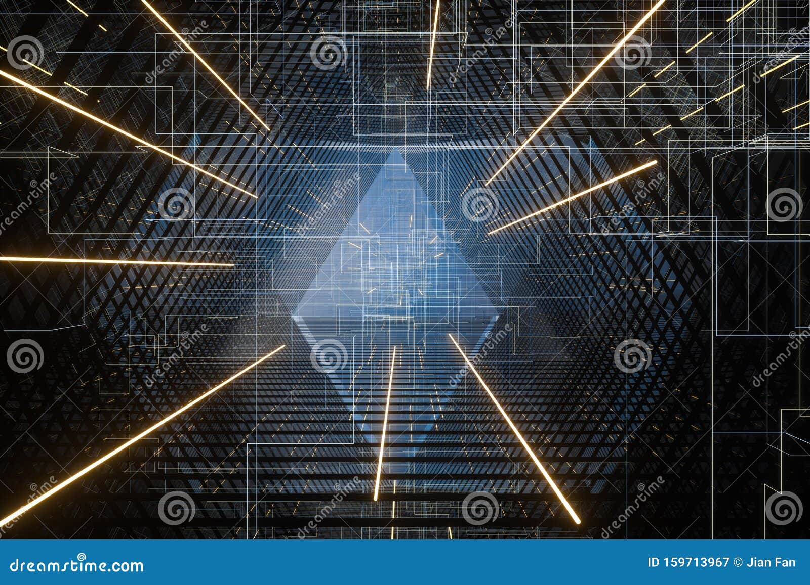 Dark Triangle Tunnel with Glowing Hud Lines, 3d Rendering Stock ...