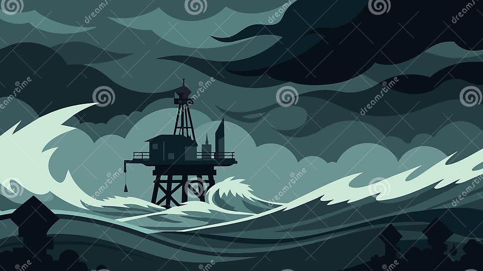 The Dark Tumultuous Waves Crash Against the Rig Platform Creating an ...