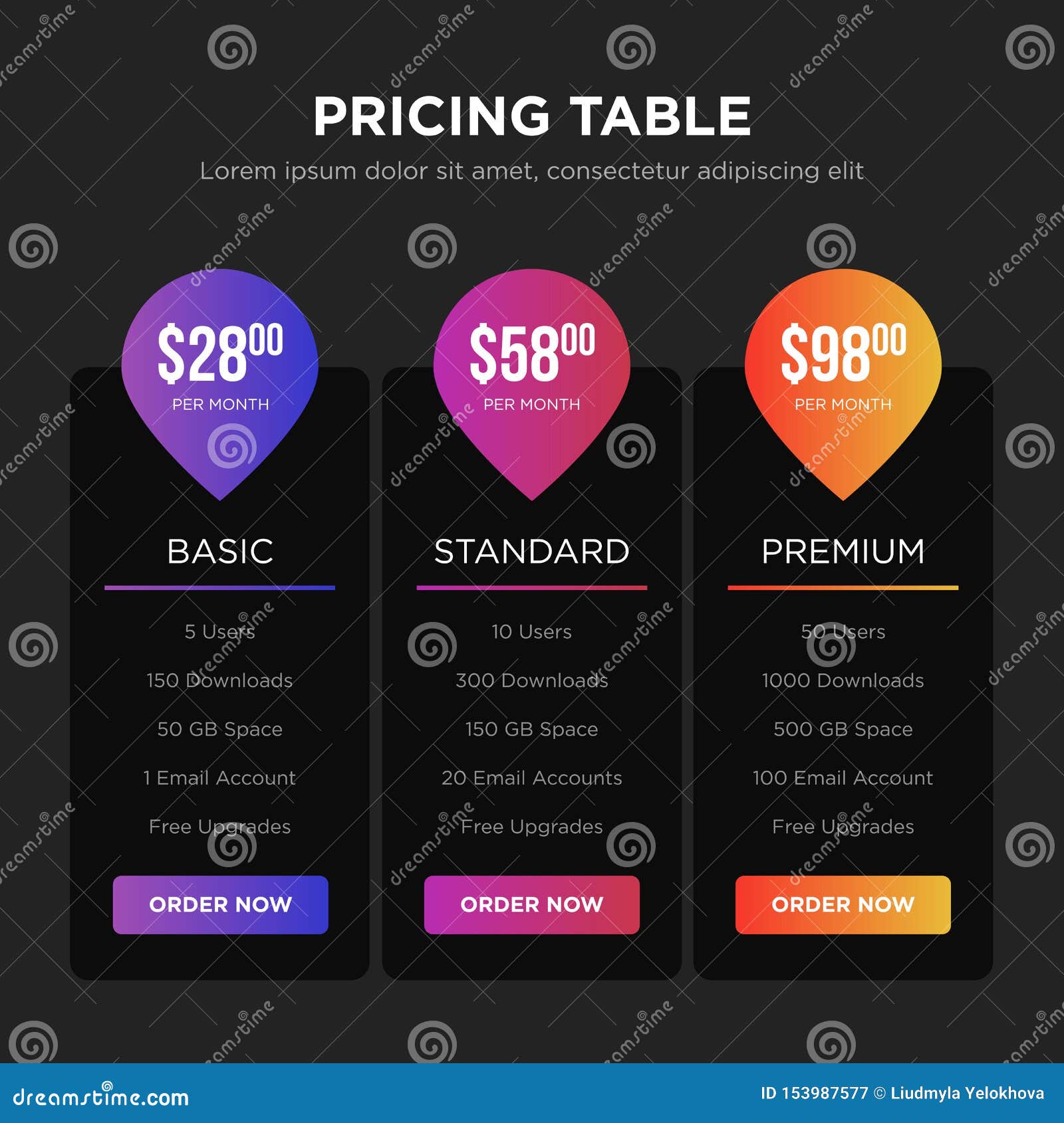 Dark UI Design, Pricing Table for Website or Mobile App Stock ...