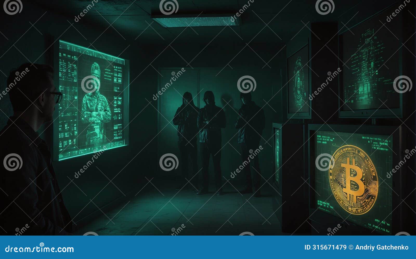 Dark Underground Bunker With Group Of Hackers, Screen Showed A ...