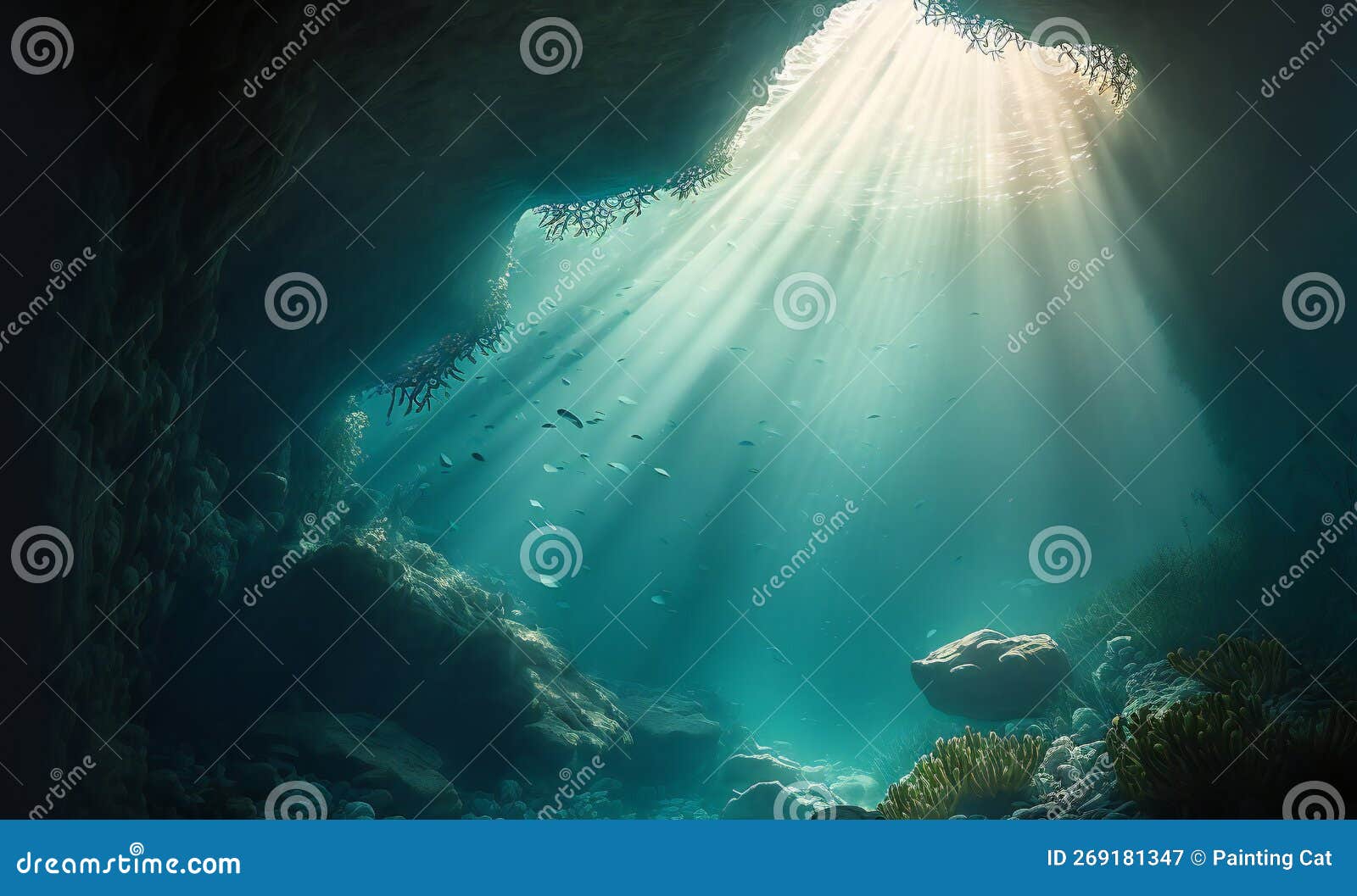 Dark Underwater Cave with Sunlight Beams Deep Sea, Creative Digital ...