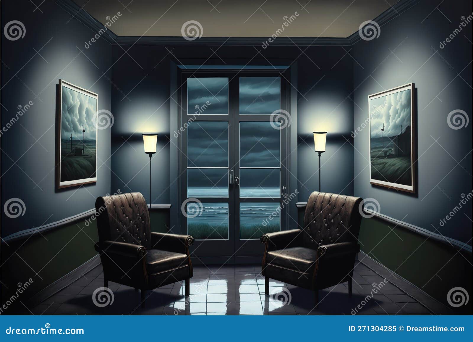 Dark Waiting Room Interior with Two Armchairs and Panoramic Window ...