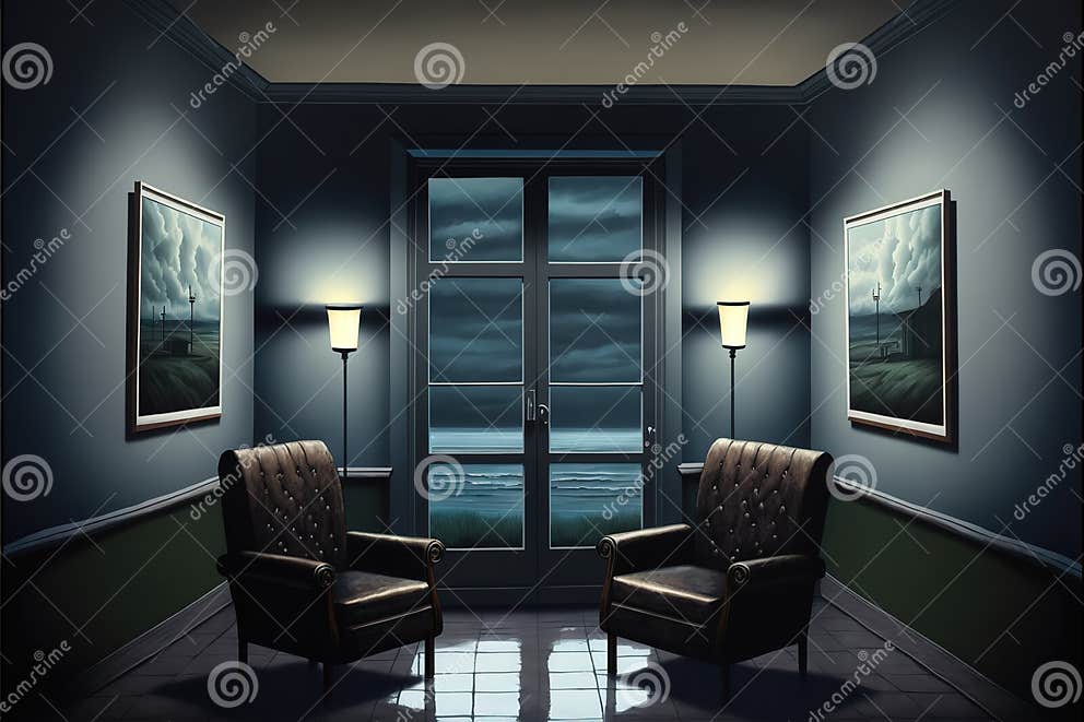 Dark Waiting Room Interior with Two Armchairs and Panoramic Window ...