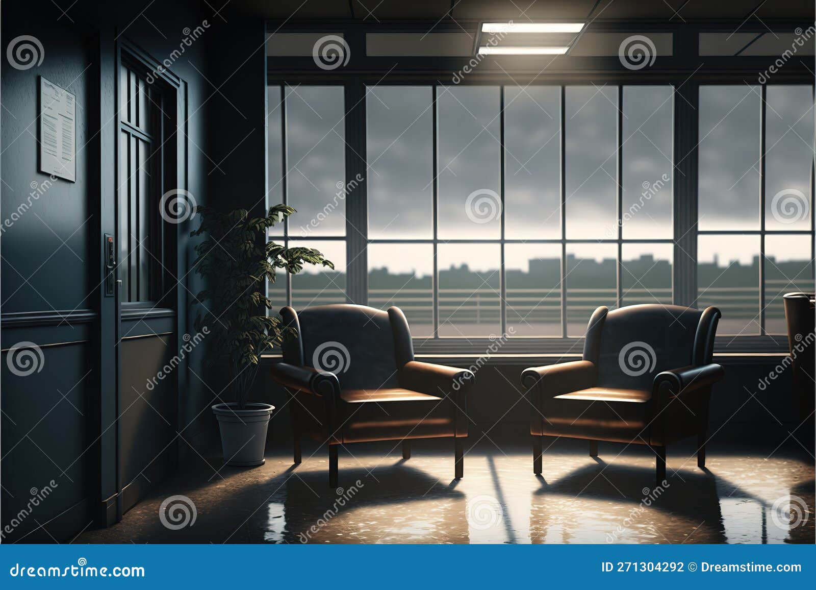 Dark Waiting Room Interior with Two Armchairs and Panoramic Window ...