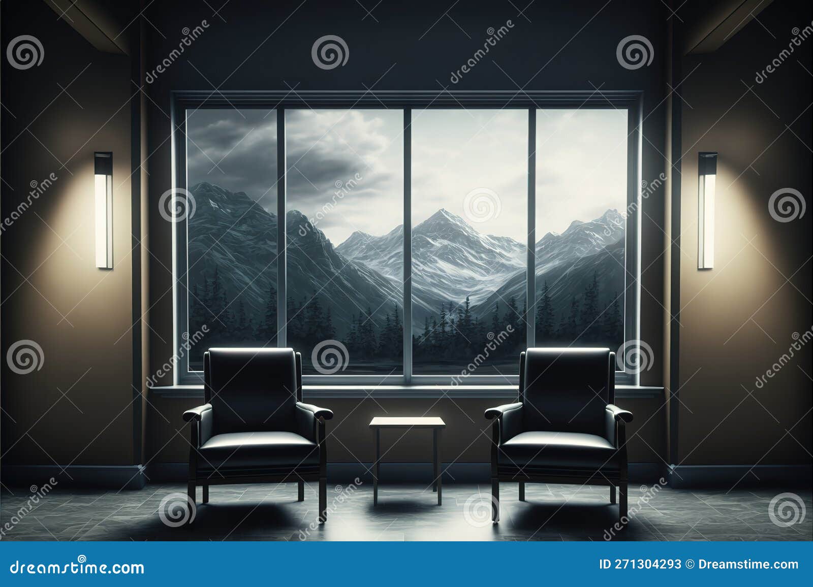 Dark Waiting Room Interior with Two Armchairs and Panoramic Window ...