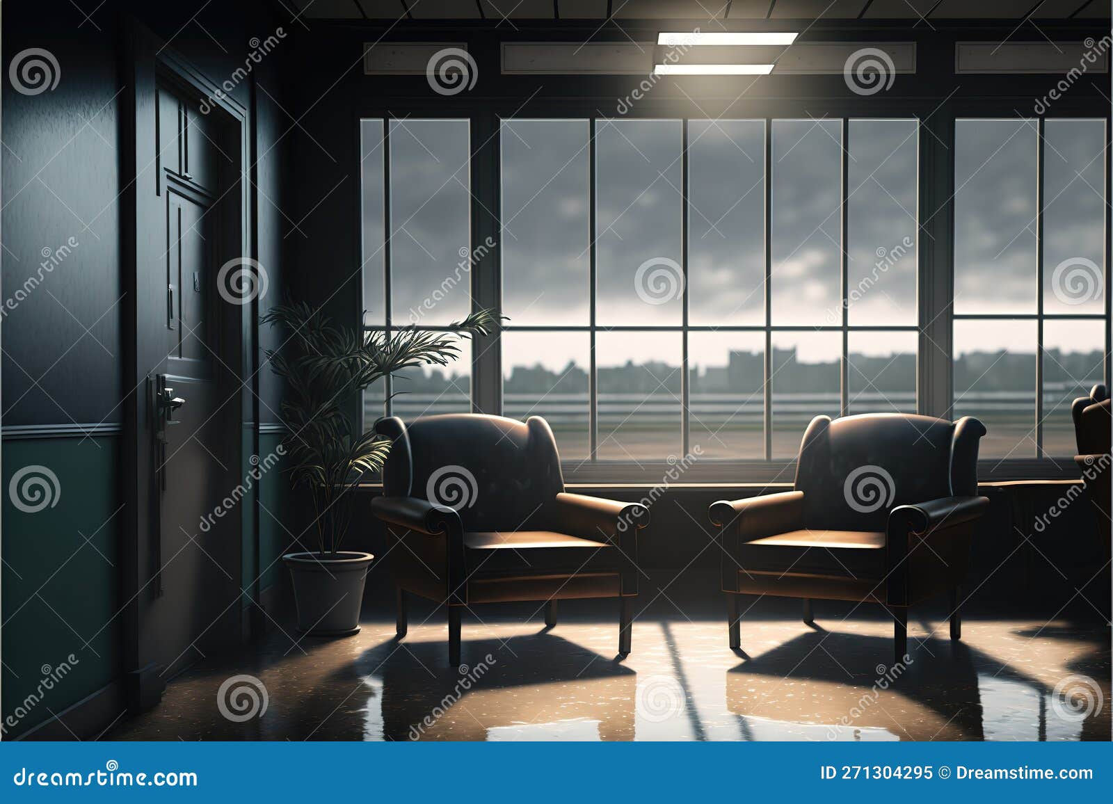 Dark Waiting Room Interior With Two Armchairs And Panoramic Window ...