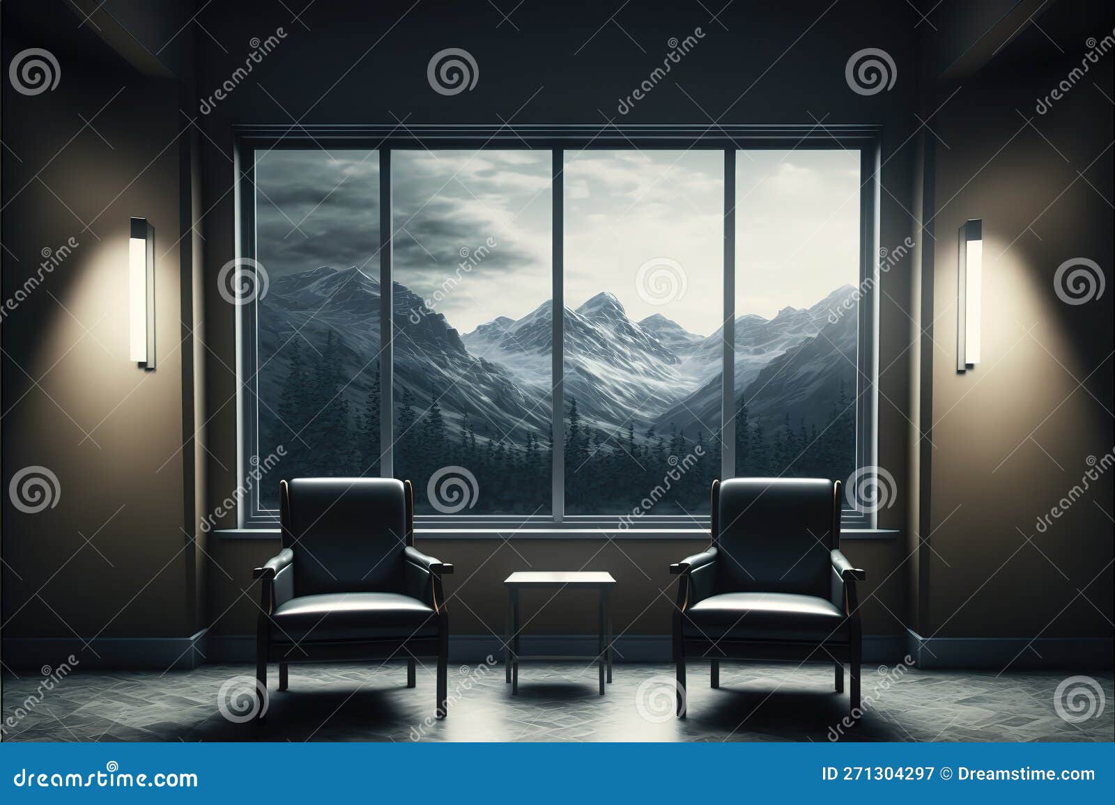 Dark Waiting Room Interior with Two Armchairs and Panoramic Window ...