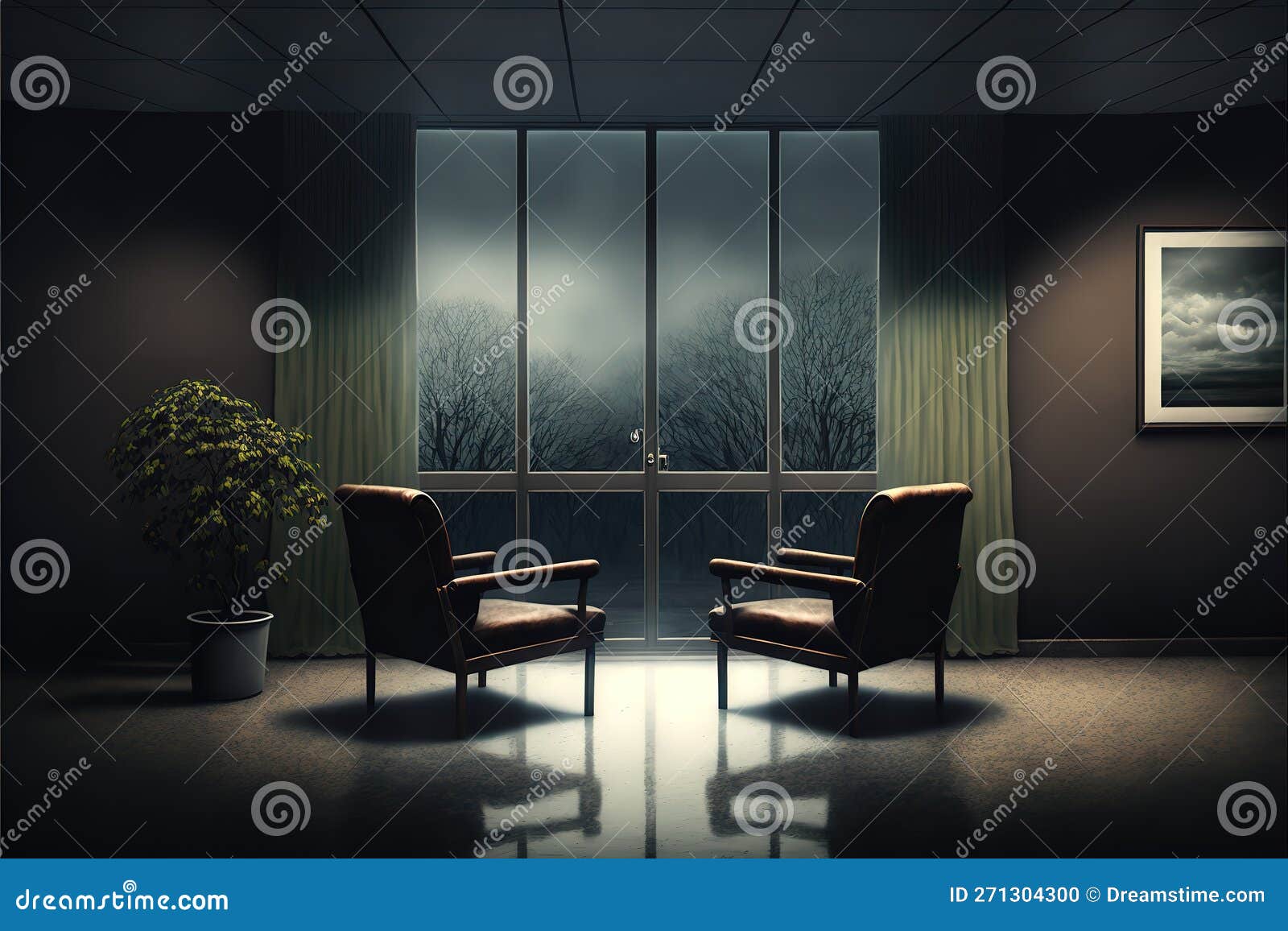 Dark Waiting Room Interior with Two Armchairs and Panoramic Window ...